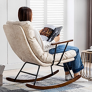 HNY Modern Rocking Chair Nursery with Wood Arms, PU Leather Overstuffed Upholstered Glider Rocker Chair with Adjustable Backrest, 22" Wide Armchair for Living Room/Bedroom/Small Space, Cream