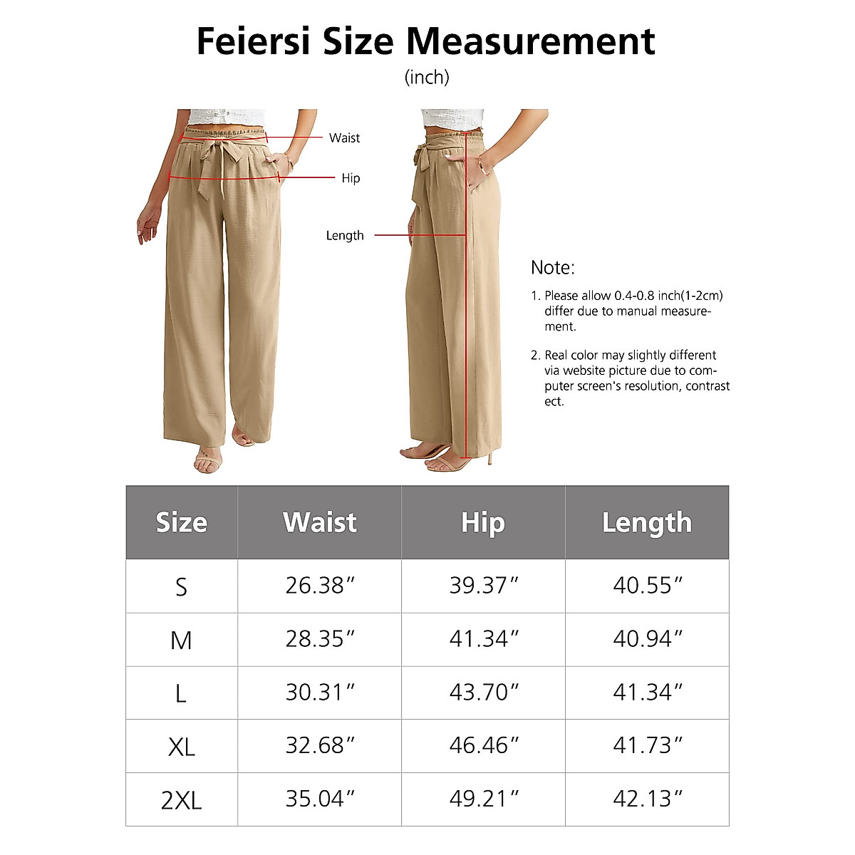 Feiersi Women Casual Wide Leg Pants High Waisted Business Work Casual Pants Loose Flowy Beach Palazzo Pants(Khaki,XX-Large)