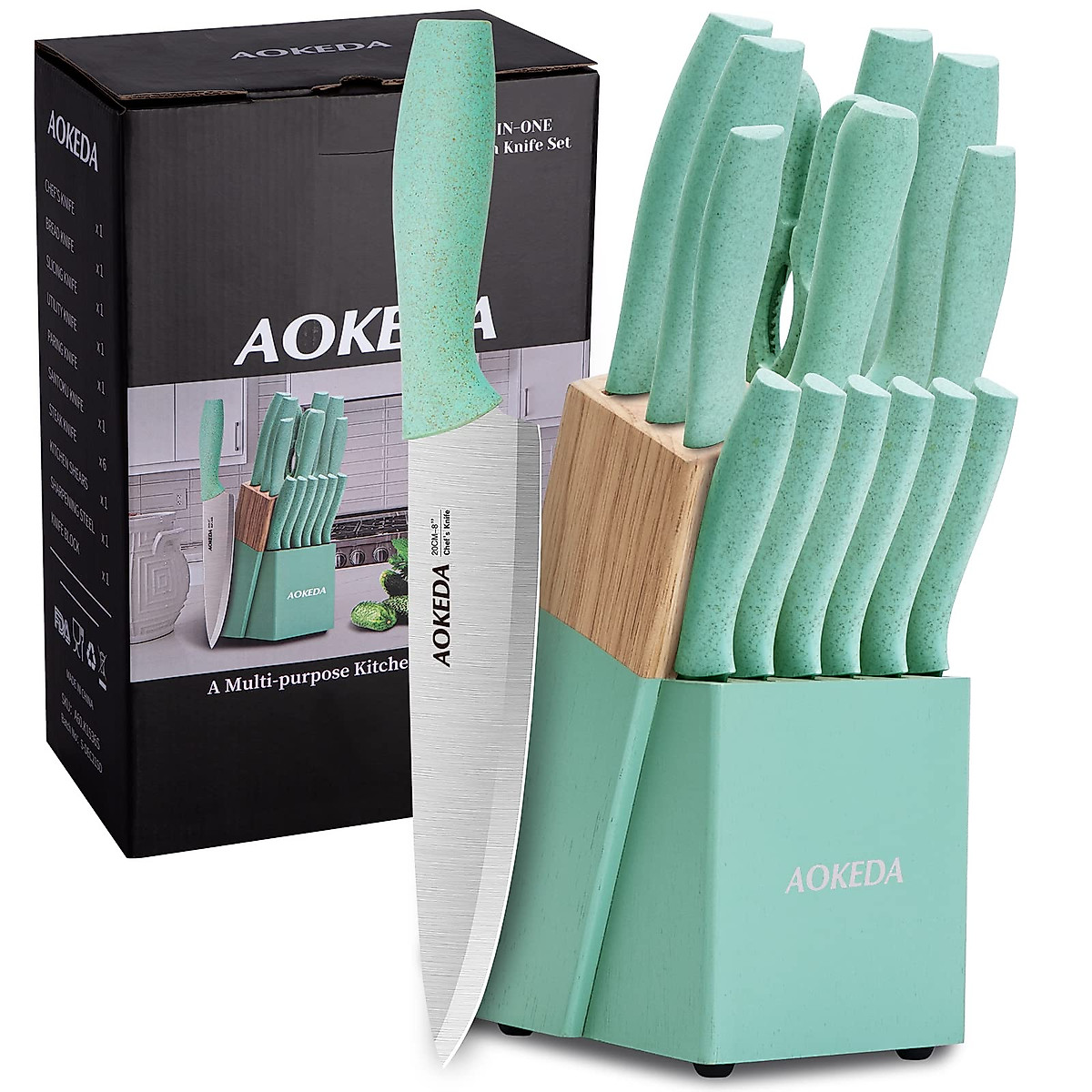 AOKEDA 15pcs Kitchen Knife Set with Block, Sharpener and Scissor, Stainless Steel Knives with Extre-light Straw Handle (Mint Green)