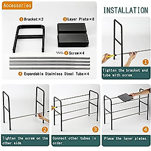Under Sink Cabinet Shelf Organizer, Expandable Metal Under Sink Rack Storage with 8 Removable Panels for Kitchen Bathroom, 2 Tiers, Black