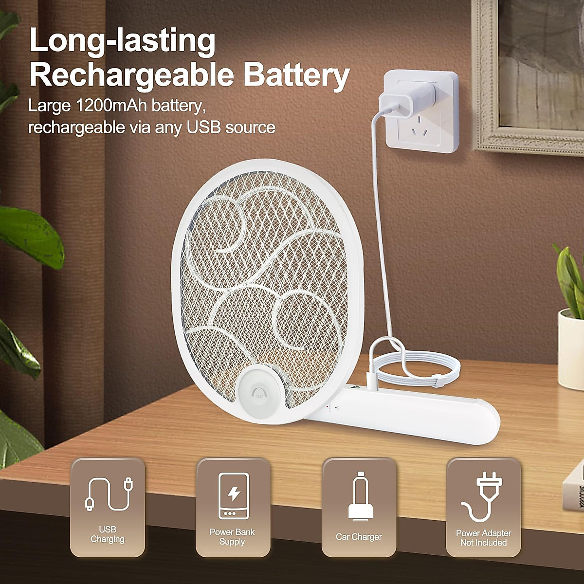 Foldable Electric Fly Swatter Racket, USB Rechargeable with 1200mAh Battery, Large 2 in 1 Bug Zapper Racket, Fly Killer and Mosquito Trap Lamp, for Indoor and Outdoor Home Backyard Patio Camping