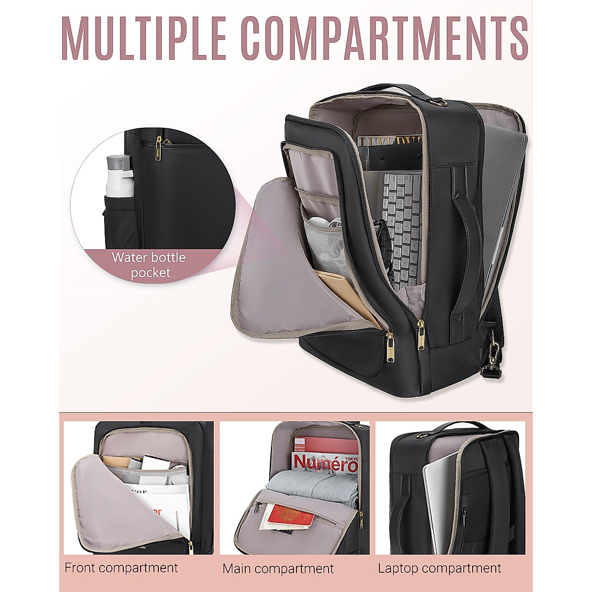 LIGHT FLIGHT Laptop Backpack Women, Large Computer Backpack for 17.3 Inch Laptop, Professional Womens Work Backpack, Convertible 3 In 1 Backpacks Water Resistant, Black