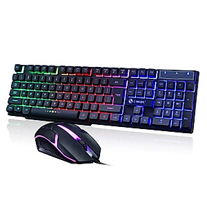 Gaming Keyboard, Gaming Keyboard Colorful LED Illuminated Backlit USB Wired PC Rainbow Anti-Skid Waterproof Design Gaming Keyboard Mouse Set for Desktop, Computer, PC (Color : Black)