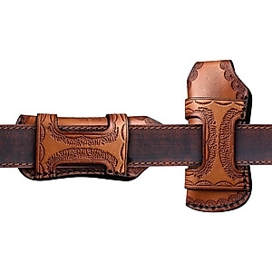 MiOYOOW 4.7" Pocket Knife Pouch, Carved Folding Knife Holster Horizontal/Vertical Leather Knife Holder for Camping Hunting Jungle Exploration