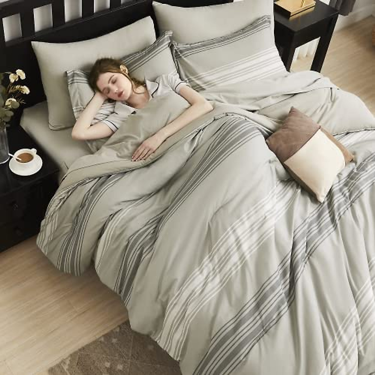 MaiRêve Grey Twin Bed in A Bag, Soft Grey Stripe Minimalist Urban House Design Comforter Set 6 Pieces for Boys or Doms(Grey Stripes,Twin)