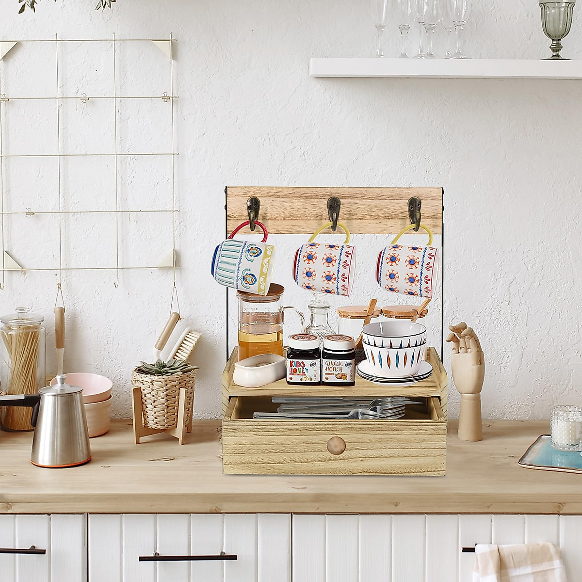 Rustic Coffee Station Organizer for Counter, Wood Coffee Mug Holder Stand with 8 Mug Hooks, Coffee Mug Tree Rack with Drawer and Storage Shelf, Coffee Bar Accessories Organizer Kitchen Storage Racks