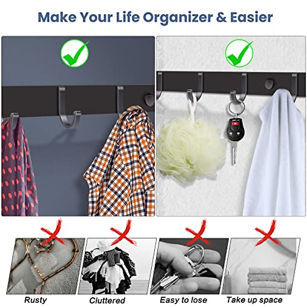 evory 2 Pack Coat Rack Wall Mounted with 5 Coat Hooks, Heavy Duty Aluminum Wall Hooks for Hanging Towel Hat Purse Robes Clothes in Bathroom Kitchen Entryway, Black