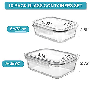 Vtopmart 10Pack (35oz+22oz) Glass Food Storage Containers with Lids, Meal Prep Containers, Airtight Lunch Bento Boxes with Snap Locking Lids, for Microwave, Oven, Freezer and Dishwasher
