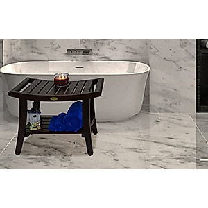 DecoTeak Harmony Shower Bench 24" Solid Teak Wood Shower Bench with Shelf and LiftAide Arms 300 Pound Weight Capacity Shower Stool in Woodland Brown Finish