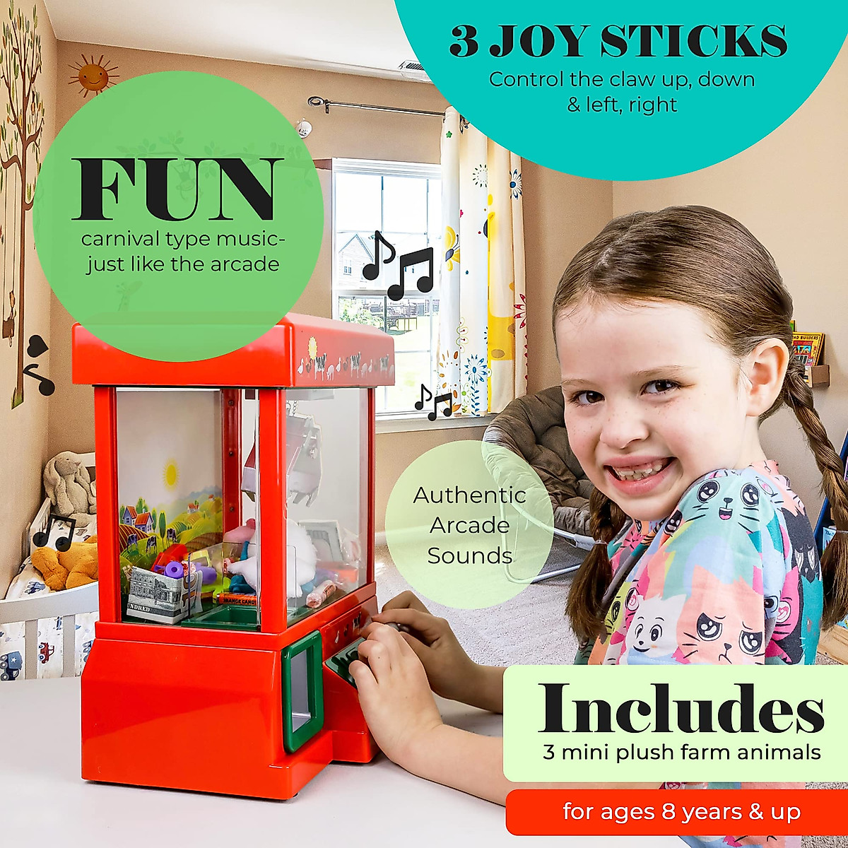 Bundaloo Claw Machine Arcade Game - Electronic Mini Candy and Toy Grabber Dispenser - with Sound & 3 Mini Plush Farm Animals