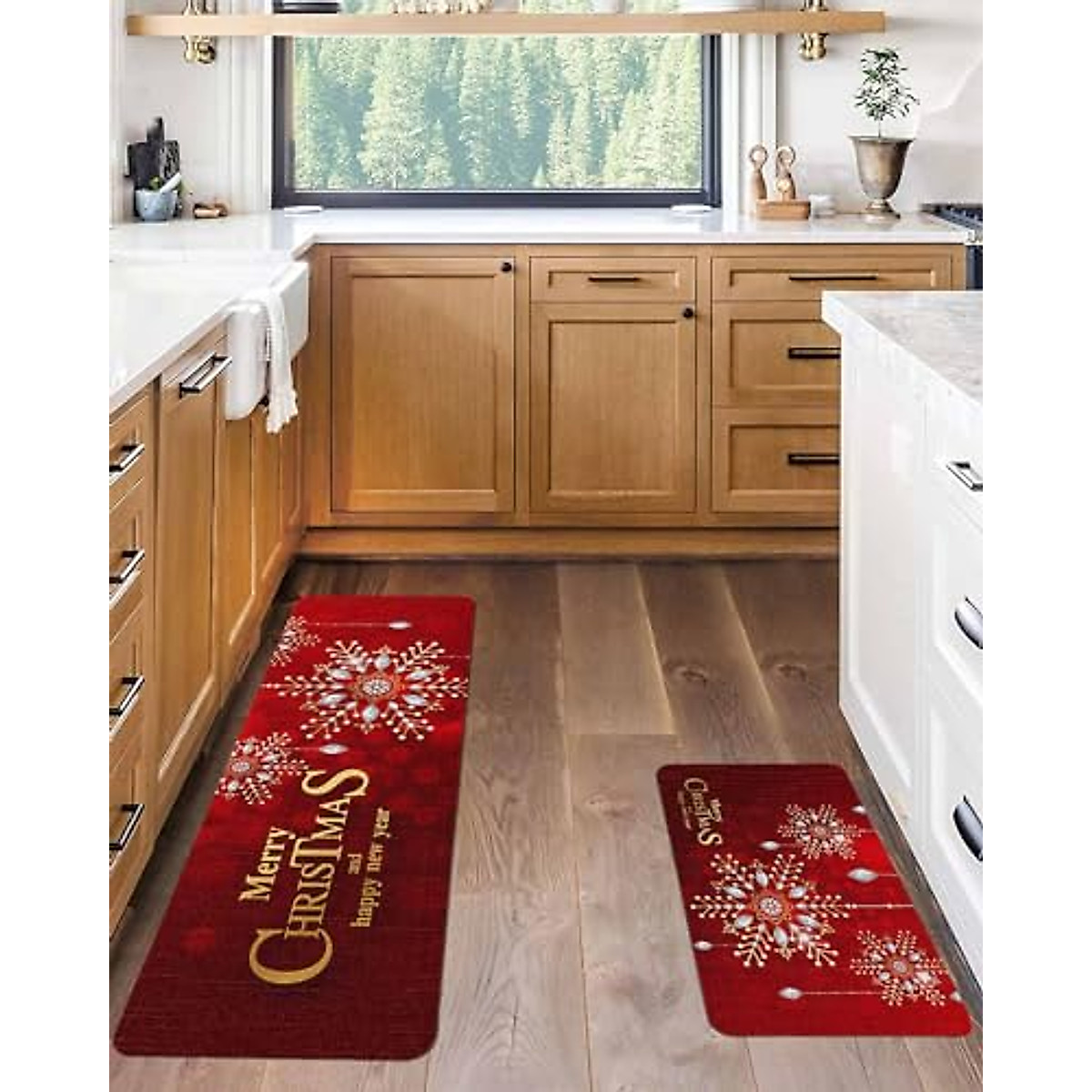 JasmineM Christmas Snowflake Shiny Diamonds Kitchen Rugs and Mats Set of 2, Christmas Decorations Indoor Outdoor Kitchen Floor Mats, Xmas Non-Slip Runner Rug for Bathroom Living Room, Red