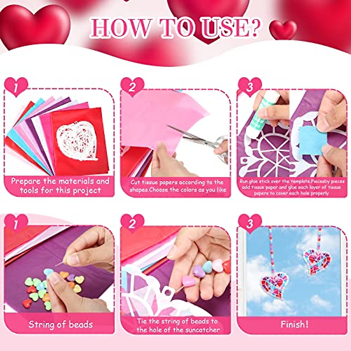 24 Pieces Valentine's Day Suncatcher Craft Kit, Tissue Paper Heart Suncatcher Craft Valentine's Day Window Art Kit with 18 Tissue Paper for Valentine's Day Mother's Day Craft DIY Spring Party Favor