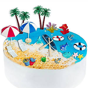 21 Pieces Beach Cake Toppers Hawaiian Chair Boat Palm Tree Umbrella Dollhouse Decoration Miniature Ornament Kits Set for Swimming Pool Summer Beach Birthday Party Supplies