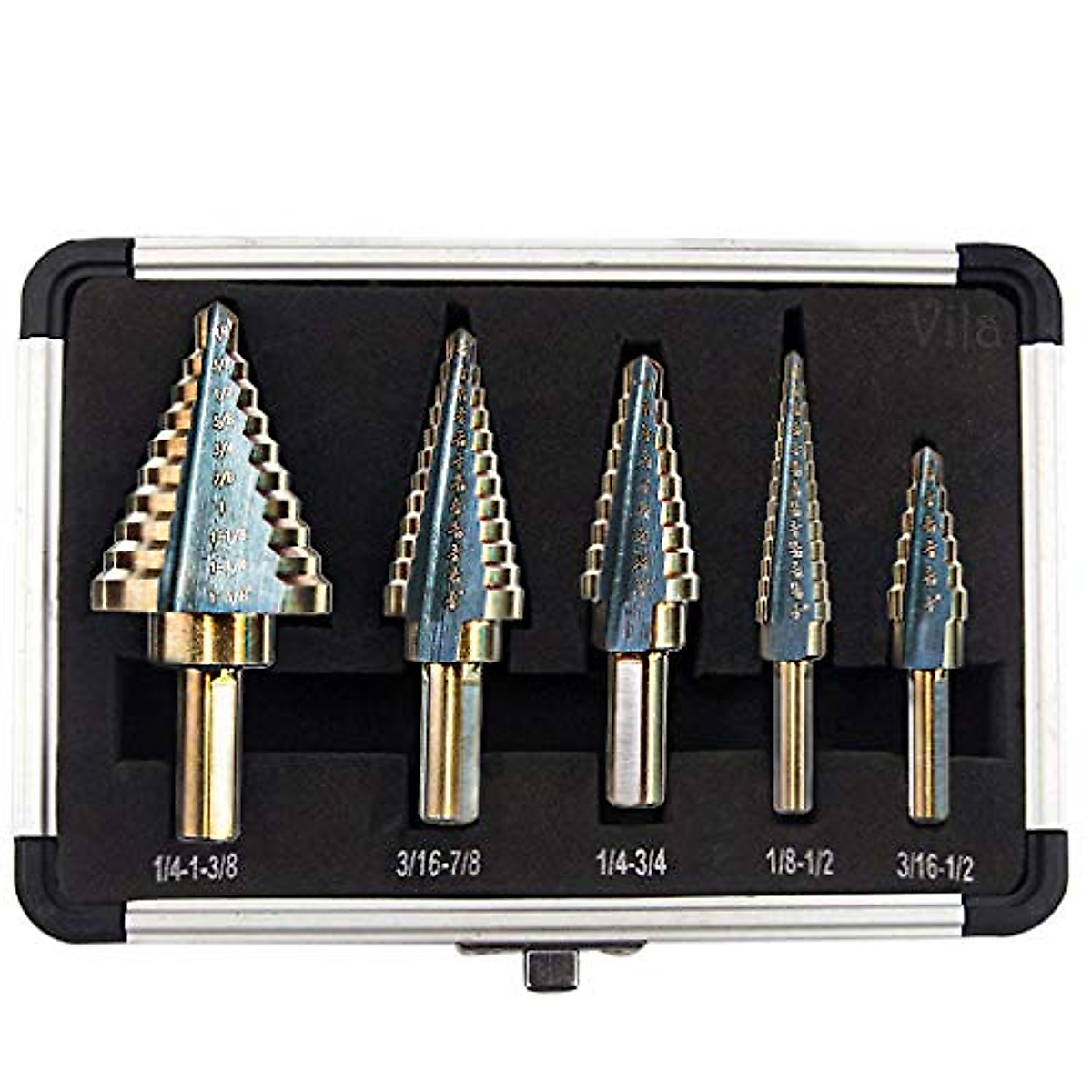 Vila 5-Pieces High Speed Steel Drill Set, Triangle-Shaped with Round Handle, Multiple Hole Sizes, Aluminum Case Included, for Laminates, Plastics, Plywood, Acrylic, Thin Metal