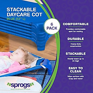 Sprogs Heavy-Duty Stackable Standard Size 52"L Daycare Cots for Kids and Toddlers, Stacking Preschool Classroom Kids Cots for Sleeping, Resting, Naptime, Pack of 6, Blue