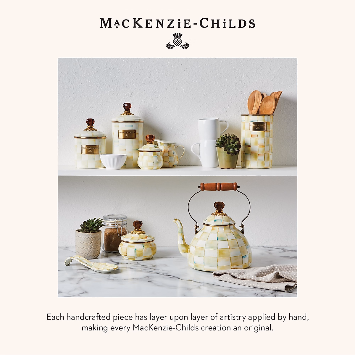 MACKENZIE-CHILDS Parchment Check Enamel Canister, Yellow-and-Cream Kitchen Storage Container with Lid, Small