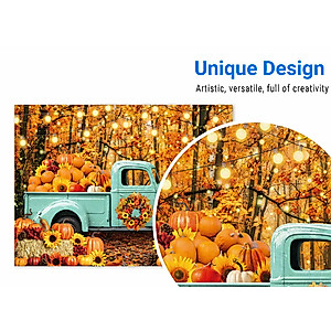 Funnytree 8 x 6 FT Autumn Forest Blue Truck Backdrop for Portrait Photography Picture Fall Harvest Pumpkin Farm Thanksgiving Day Baby Shower Friendsgiving Party Supplies Decoration Banner Background
