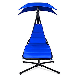Safstar Hanging Chaise Lounger with Removable Canopy, Patio Swing Chair and Stand with Cushion & Built-in Pillow, Hanging Arc Chaise Hammock for Backyard Garden Patio Poolside (Navy Blue)