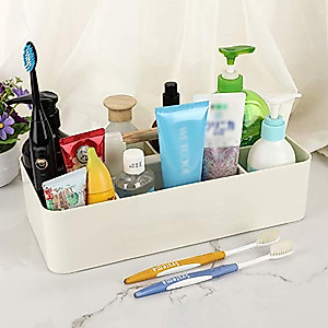 BTSKY Stackable Plastic Portable Storage Organizer Utility Caddy Tote,Divided Craft Storage Organizer Basket Bin with Wooden Handle for Craft, Sewing, Art Supplies, Office Supplies Beige White