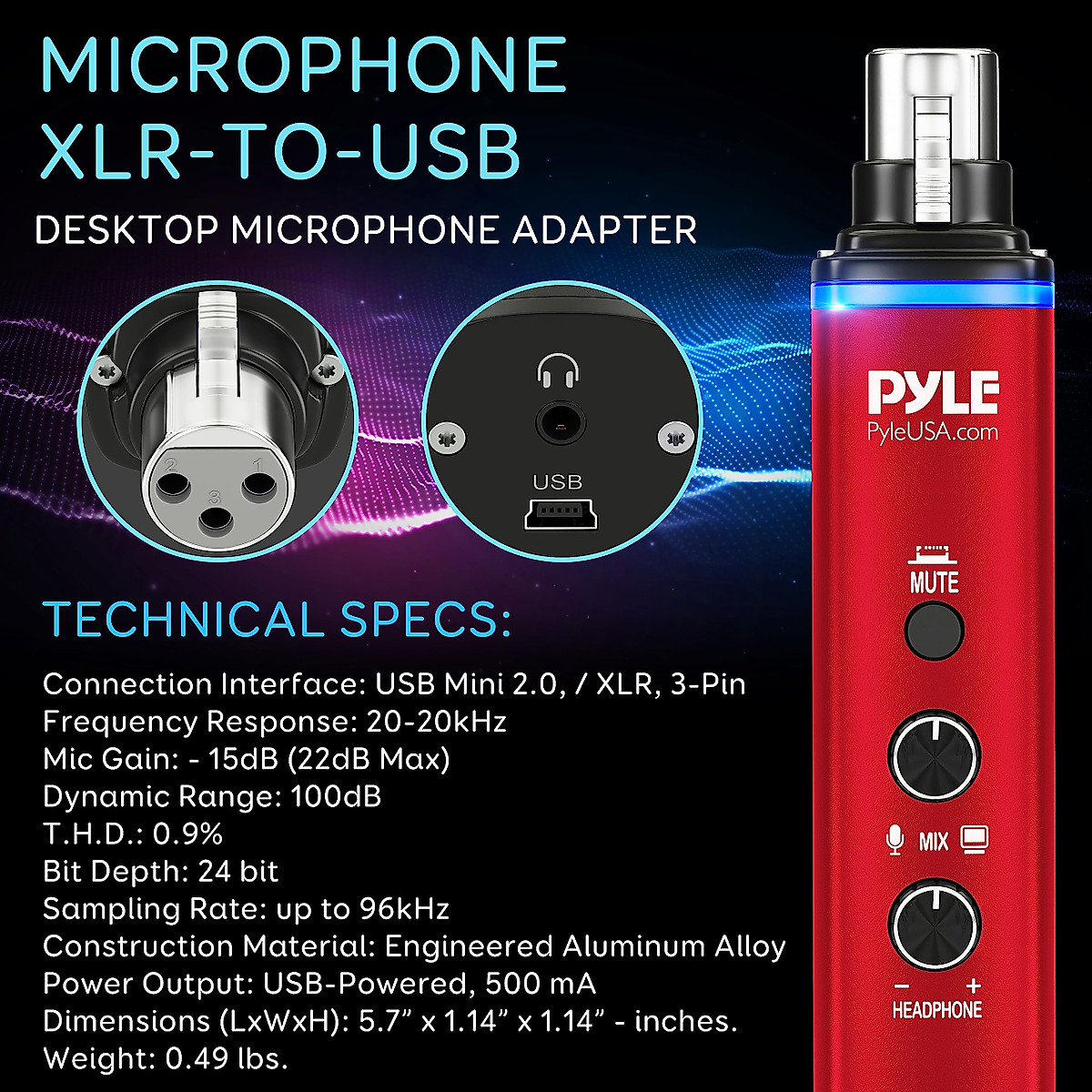 Pyle Microphone XLR to USB Signal Converter Adapter Universal Windows Mac Plug and Play Mic to PC Adaptor for Digital Recording Interface, Mix Audio Control, 48V Phantom Power, USB Cable (Red)