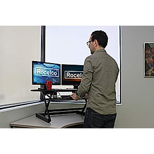 Rocelco 46" Height Adjustable Corner Standing Desk Converter, Quick Sit Standup Dual Monitor Riser, Gas Spring Assist Tabletop Computer Workstation, Large Keyboard Tray, (R CADRB-46), Black