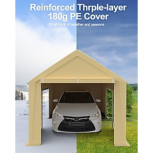 DEXSO Carport 10'x20' Heavy Duty Steel Canopy Height Adjustable & Portable Garage with Roll-up Ventilated Side Doors for Truck Boat Car Port, Party, Equipment Placement, Straw