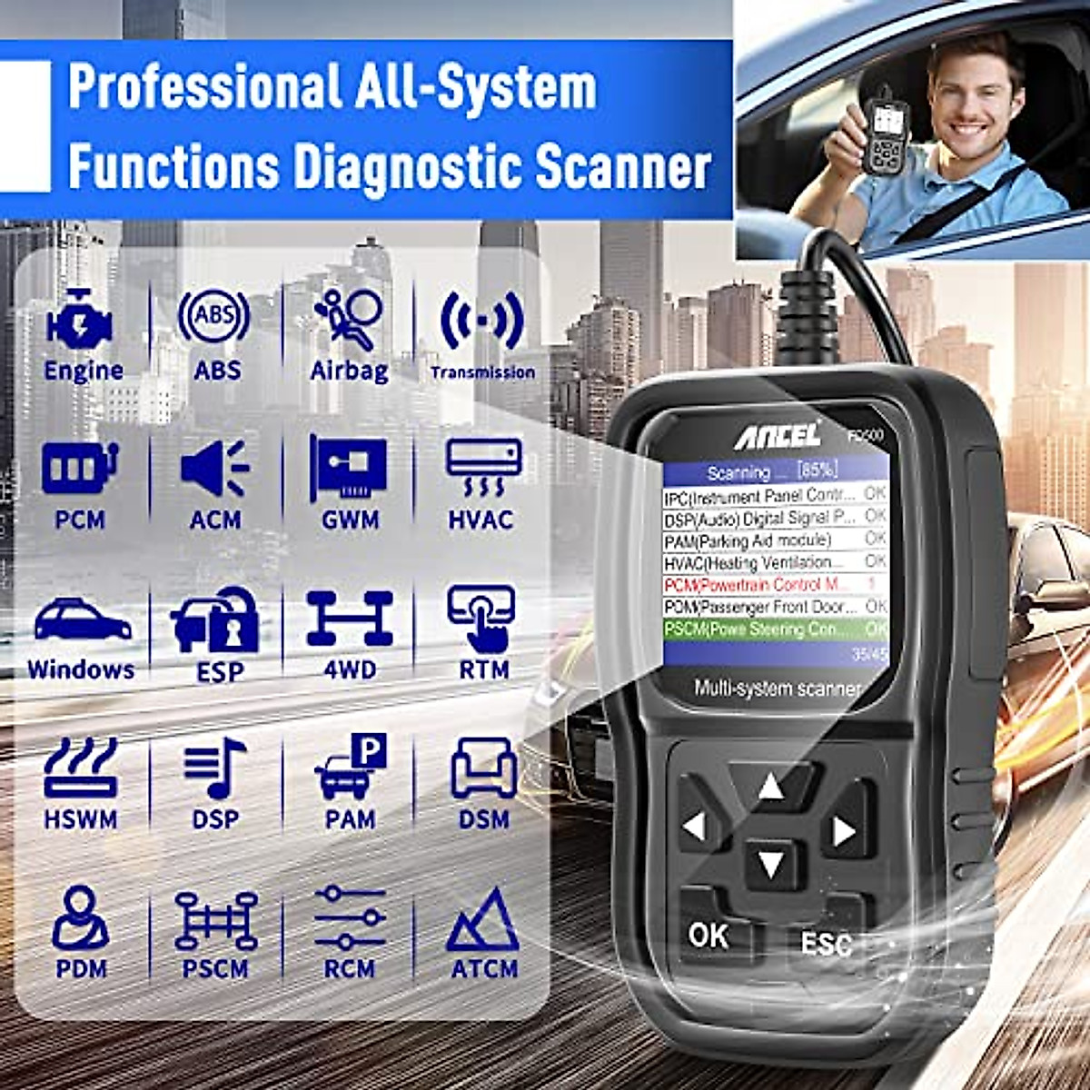 ANCEL FD500 Battery Registration fits for Ford Lincoln Mercury - All Systems OBD2 Scanner with Engine, ABS, SRS, Transmission, SAS, ESP Diagnostics - Car Code Reader for EPB, Throttle, Oil Reset