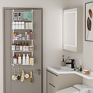 Hongtamoya Adjustable Over The Door Organizer, Hanging Door Storage with PVC Pocket and 4 Metal Baskets Wall Mount, Behind Door Rack for Bathroom Pantry Cabinet Bedroom Closet, White