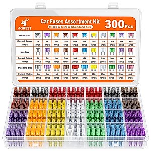 JOREST 300Pcs Car Fuse Assortment Kit, 160 Mini Blade Fuses Automotive + 90 Standard Auto Fuses + 50 Micro Fuse + 1 Puller – for Car/RV/Truck/Motorcycle(2Amp 3A 5A 7.5A 10A 15A 20A 25A 30A 35A 40A)