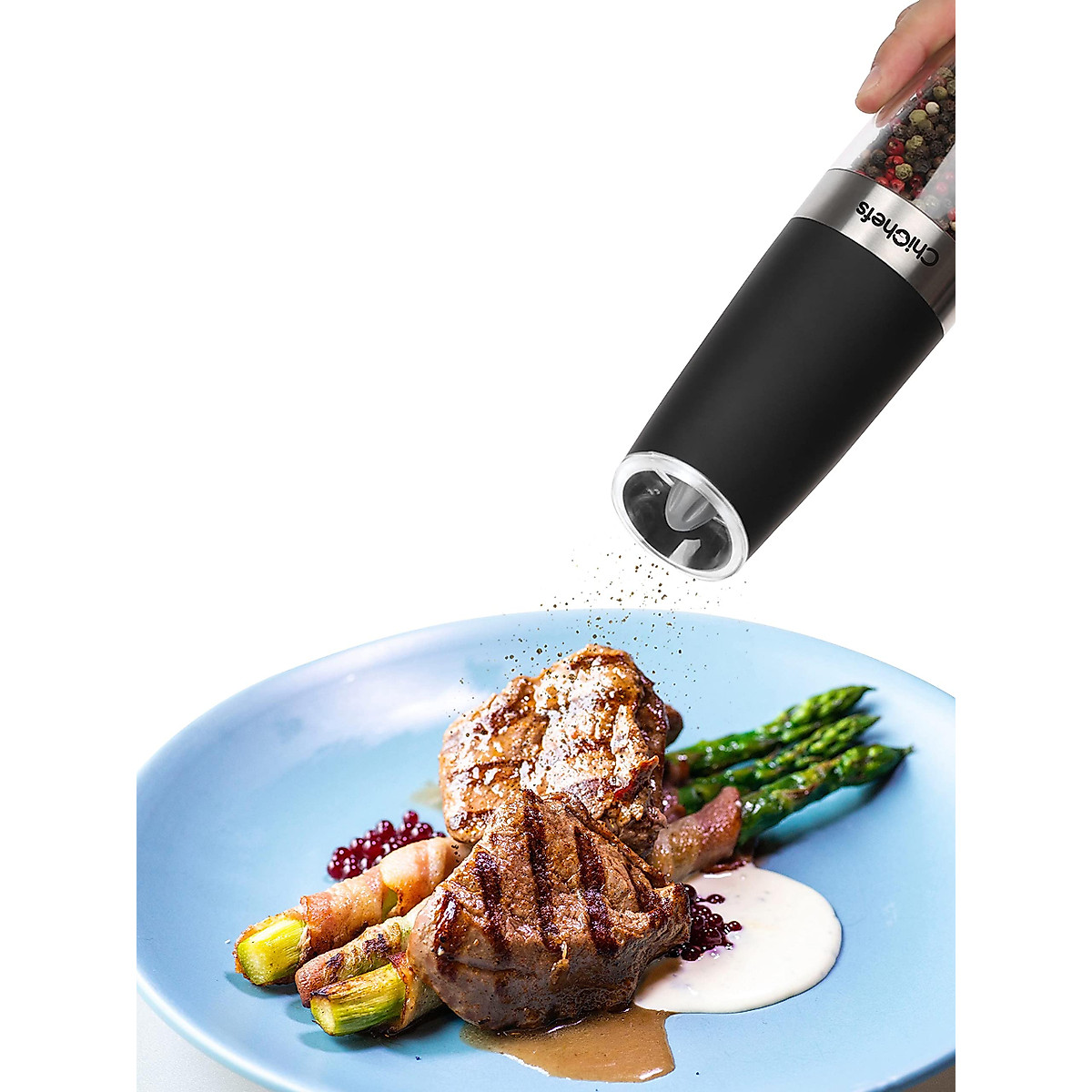 ChiChefs Gravity Electric Salt and Pepper Grinder Set, Automatic Salt and Pepper Mill Grinder, Battery Operated with White LED Light, Adjustable Coarseness, One Handed Operation, Stainless Steel