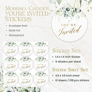 Mobiusea Creation Greenery Wedding Invitation Stickers | 1.4 inch | Gold Foil | 108pcs Waterproof Wedding Envelope Stickers for Wedding, Bridal Shower, Birthday, Baby Shower and Party
