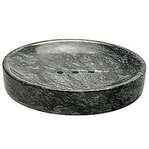 Tahit Round Genuine Marble Soap Dish, Real Stone Facial Sponge Tray with Drain, Natural Stone Soap Dishes Holder for Bathroom Shower Kitchen Sink (Black)