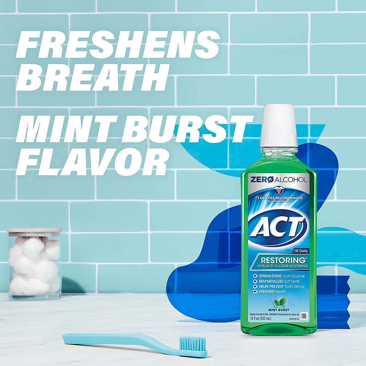 ACT Restoring Zero Alcohol Fluoride Mouthwash 18 fl. oz. Strengthens Tooth Enamel, Mint Burst