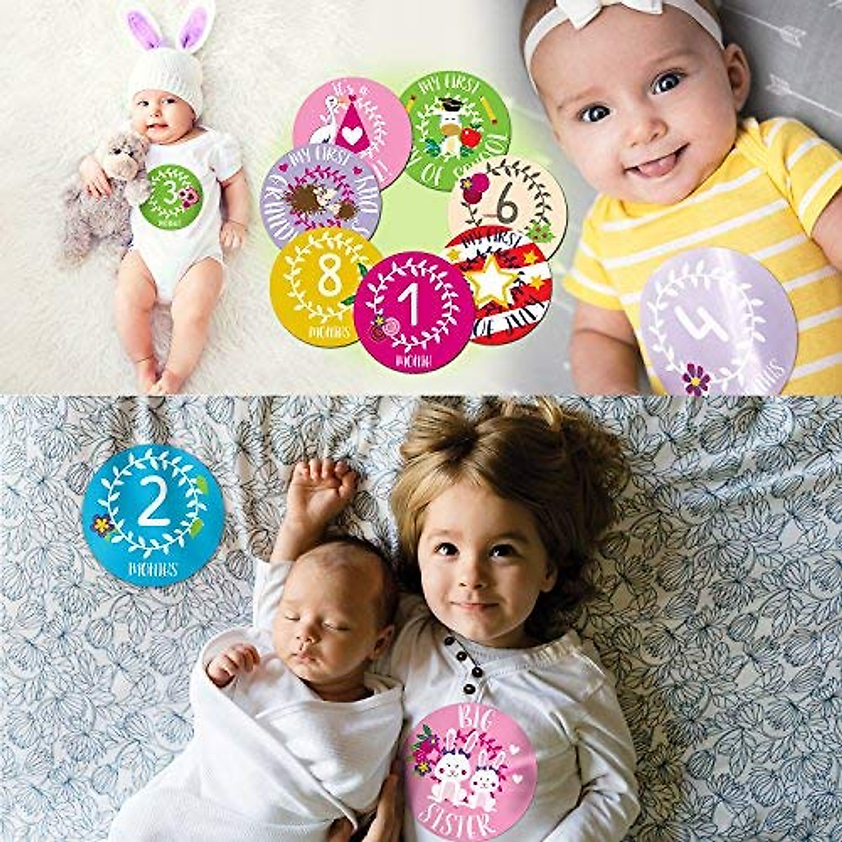 Massive Pack of 32 Ronica Baby Girl Stickers: 12 Baby Monthly Stickers + 20 Popular Milestones Baby Stickers - Record Your Baby's Growth, Holidays and Special Firsts - Unique Baby Gifts