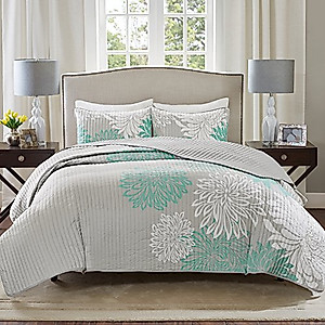 Comfort Spaces Enya Quilt Set - Casual Floral Print Channel Stitching Design, All Season, Lightweight Coverlet, Cozy Bedding, Matching Shams, Decorative Pillows, Full/Queen(90"x90"), Aqua 3 Piece