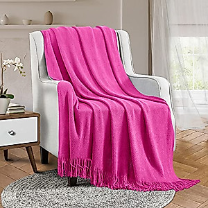 Vonty Hot Pink Knitted Blanket with Tassels Fringe 50" x 60", Super Soft Knit Throw Blanket, Farmhouse Decorative Lightweight Blanket for Couch, Sofa, Bed