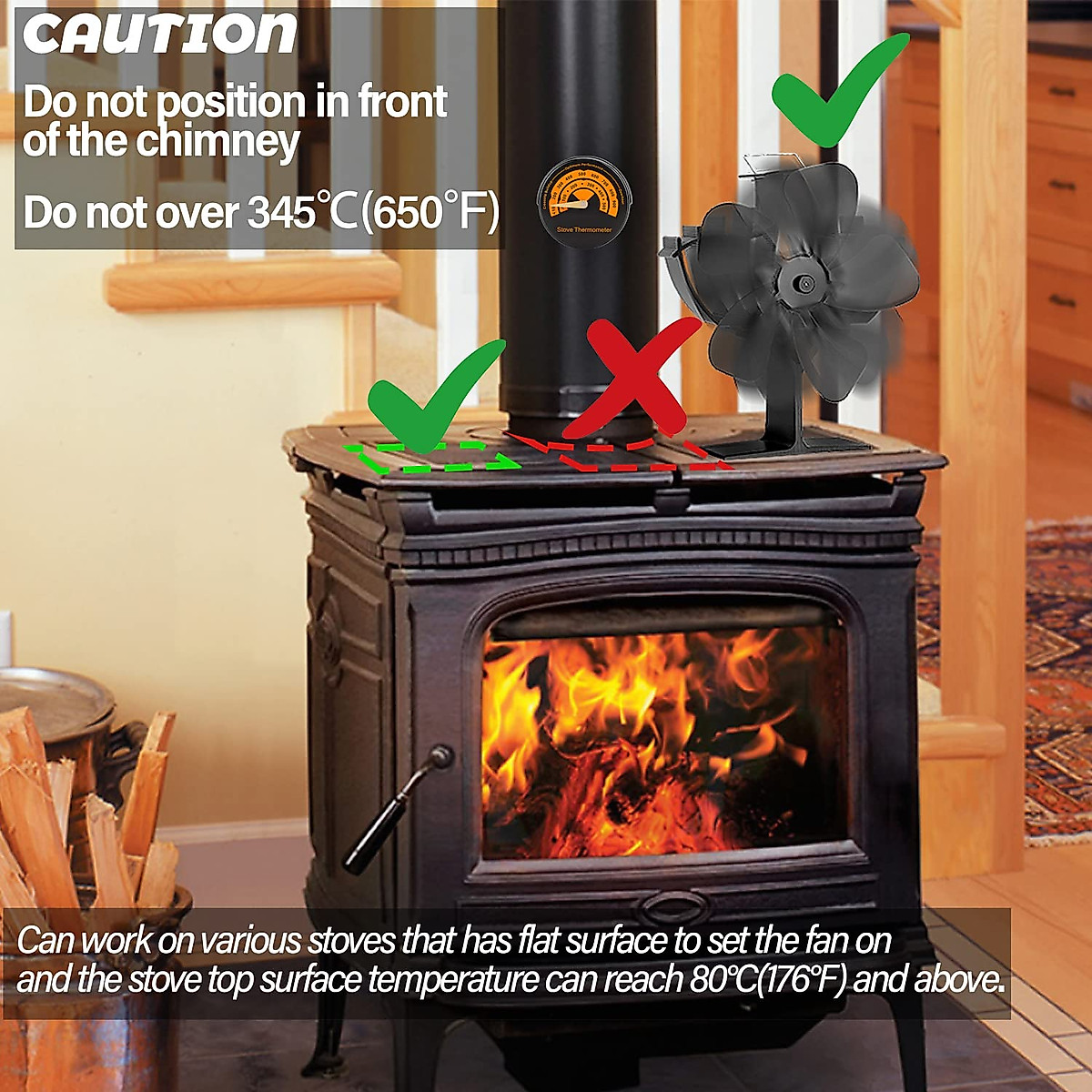 CWLAKON Wood Stove Fan, Large Size Heat Powered Fireplace Fan for Gas/Pellet/Wood Burning Stove, Silent Eco Stove Top Fan 5-Blades with Thermometer