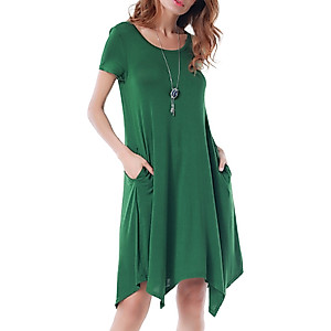 Invug Women Casual Loose Soft Crewneck Short Sleeve Pockets Swing T-Shirt Zigzag Hem Dress Dark Green S