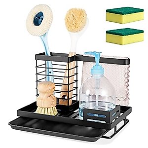Purboah Sink Caddy Organizer,Kitchen Caddy for Sponge Dishcloth Brush Holder with Black Drain Tray and 2 Sponges 304 Stainless Steel Rustproof