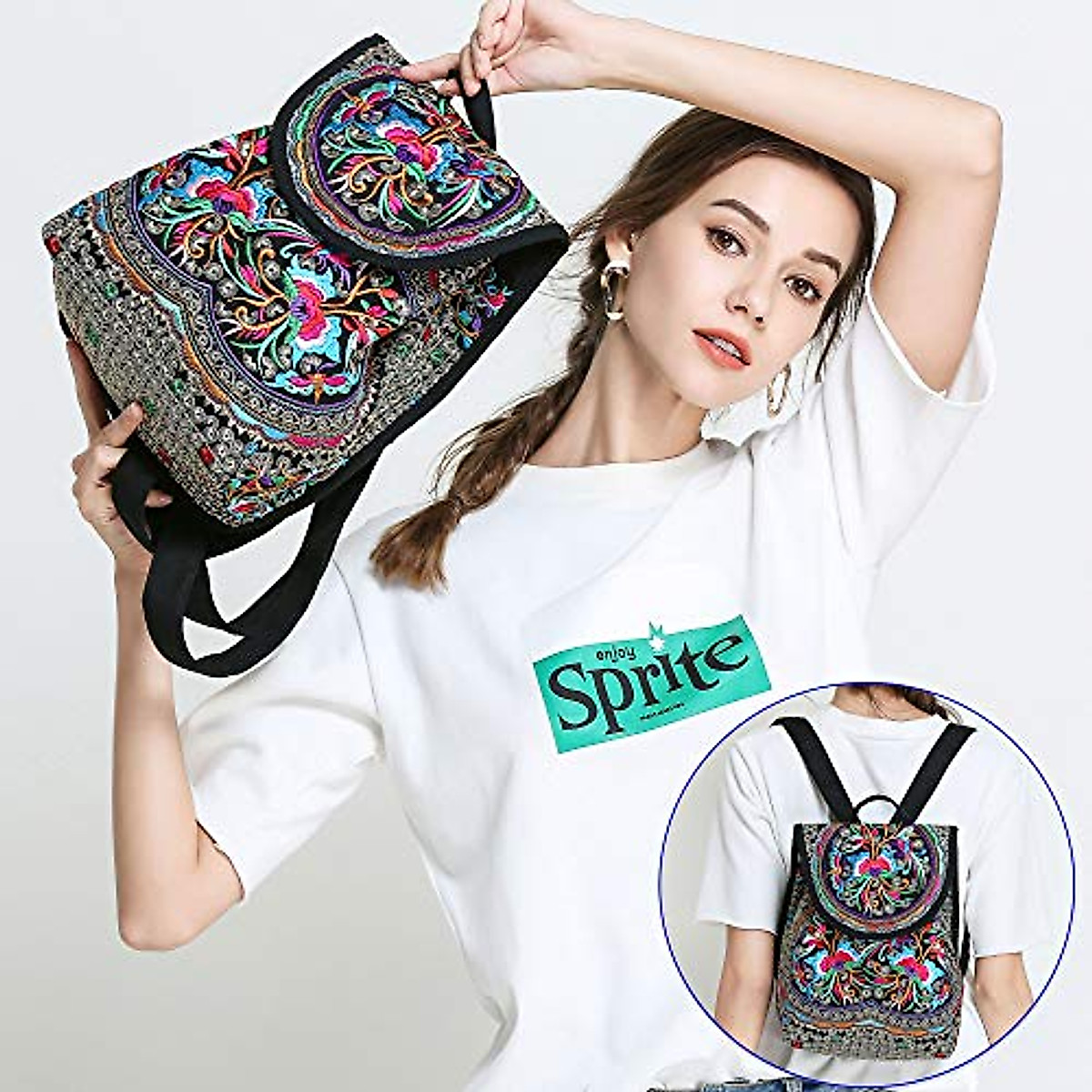 Goodhan Vintage Embroidered Women Backpack Ethnic Travel Handbag Shoulder Bag