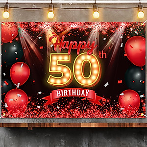 Happy 50th Birthday Banner Backdrop Red and Black 50 Years Old Background Bday Decorations for Women Men Photography Party Supplies Glitter