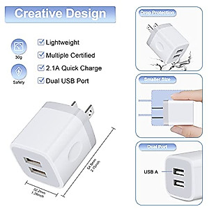 USB Wall Charger, Charging Adapter 3Pack 2.1A Dual Port USB Wall Charging Plug Block Head Box Travel Charger Cube Compatible iPhone 14 13 12 11 Pro Max XS XR X 8 7 Plus,iPad,iPod,Samsung,Android Phone