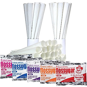 Concession Essentials New Carnival Party Cotton Candy Kits.Includes 100CT Cotton Candy Cones and 5 Packs of 8 Ounce Assorted Cotton Candy Sugar