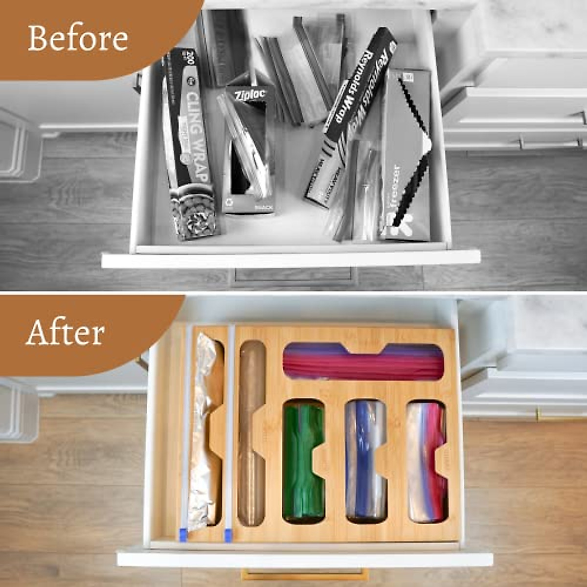 HEATHERVALE Bamboo Ziplock Bag Organizer for Pantry - 6 in 1 Sandwich Baggie Organizer Compatible with Gallon, Quart, Snack, Sandwich Storage Bags, Foil & Plastic Wrap Dispenser