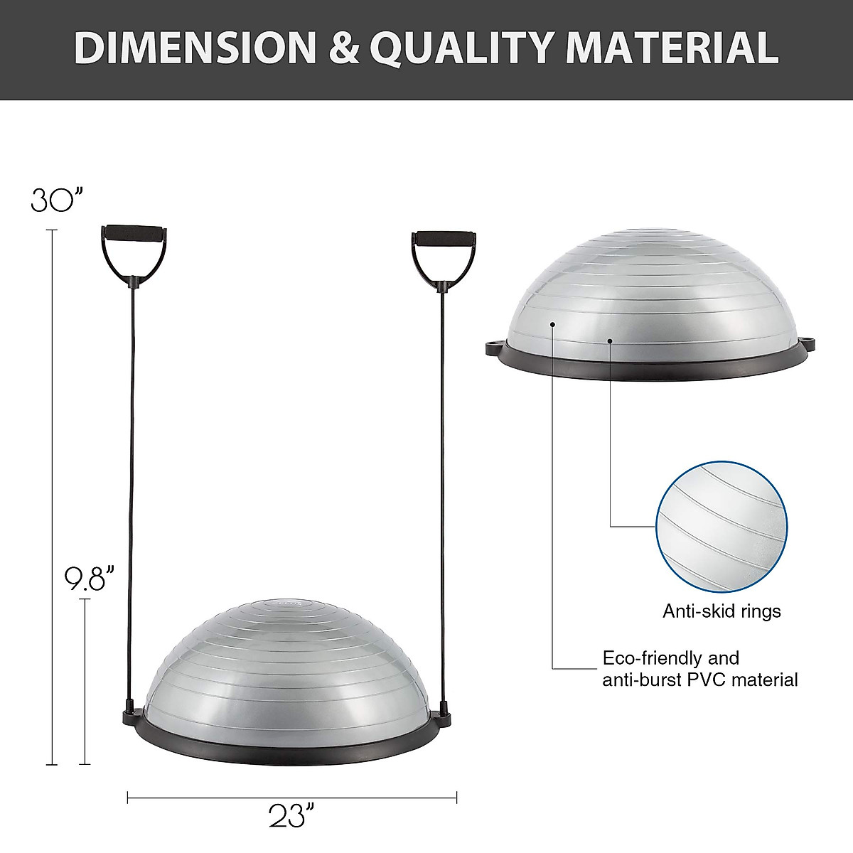 ZELUS Balance Ball Trainer Half Yoga Exercise Ball with Resistance Bands and Foot Pump for Yoga Fitness Home Gym Workout (Gray)