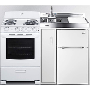 Summit Appliance ACK54COILW 54" Wide All-in-One Kitchenette with 220V 4-Element Electric Coil Range, Refrigerator-Freezer, Sink, Cutting Board and Cutlery Storage, and a Storage Cabinet