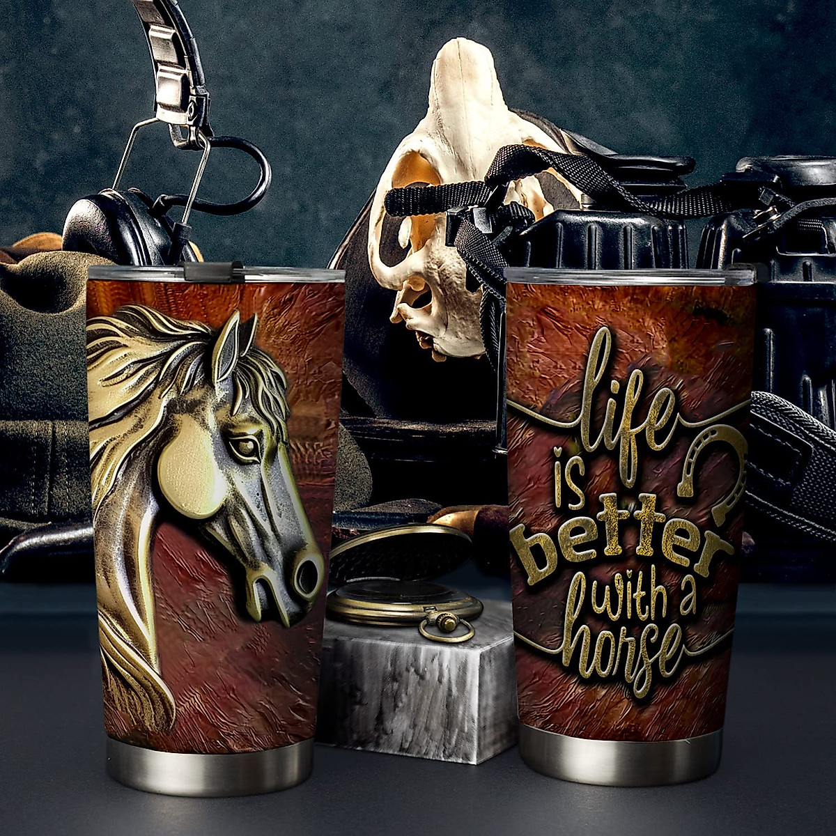 20oz Metal Horse Tumbler, Life is Better with a Horse, Country, Equestrian Gifts for Horses Lovers, Coffee Thermos, Stainless Steel Double Wall Vacuum Insulated Coffee Mug, Travel Cup with Lid