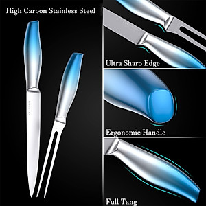 BECOKAY Carving Knife and Fork Set, High Carbon German Steel, 12" Meat Carving Knife and 11" Fork for Outdoor Camping Family Barbecue BBQ Turkey Gift, with Elegant Full Tang Handle (Blue)