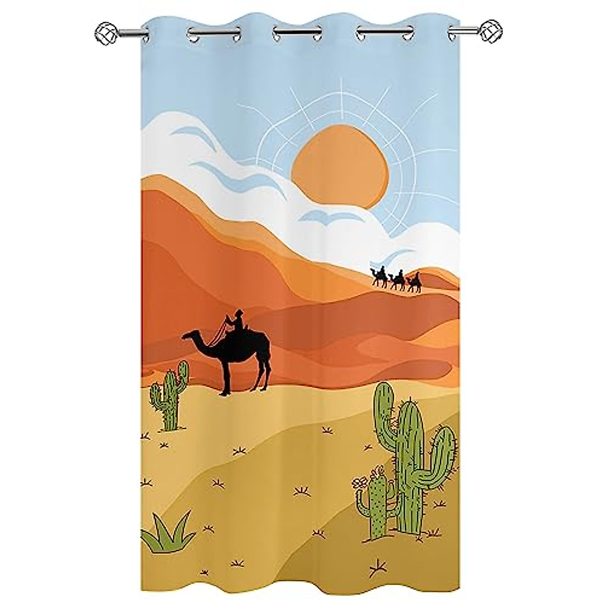 Waterproof Outdoor Curtains for Patio, Cartoon Cactus and Camel under the Clouds Blue Weatherproof Privacy Outdoor Drapes, Grommet Top Outside Curtains for Gazebo Porch Pergola Cabana, 52x108 Inch