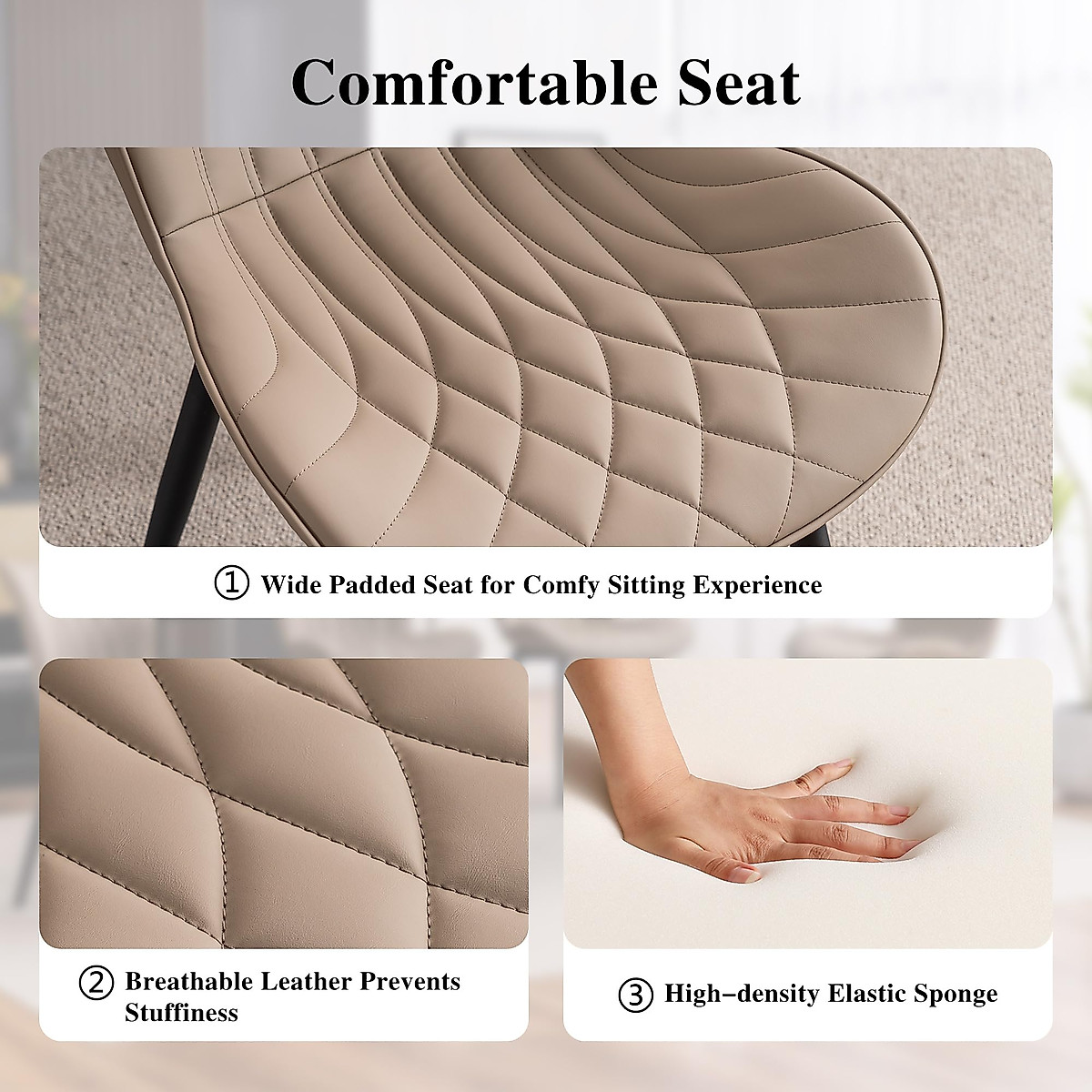 YOUNIKE Dining Chairs Set of 2, Upholstered Leather Kitchen Dining Room Chairs, Modern Living Room Bedroom Side Chairs with Wide Curved Back and Metal Legs, Kitchen Chairs Khaki Taupe